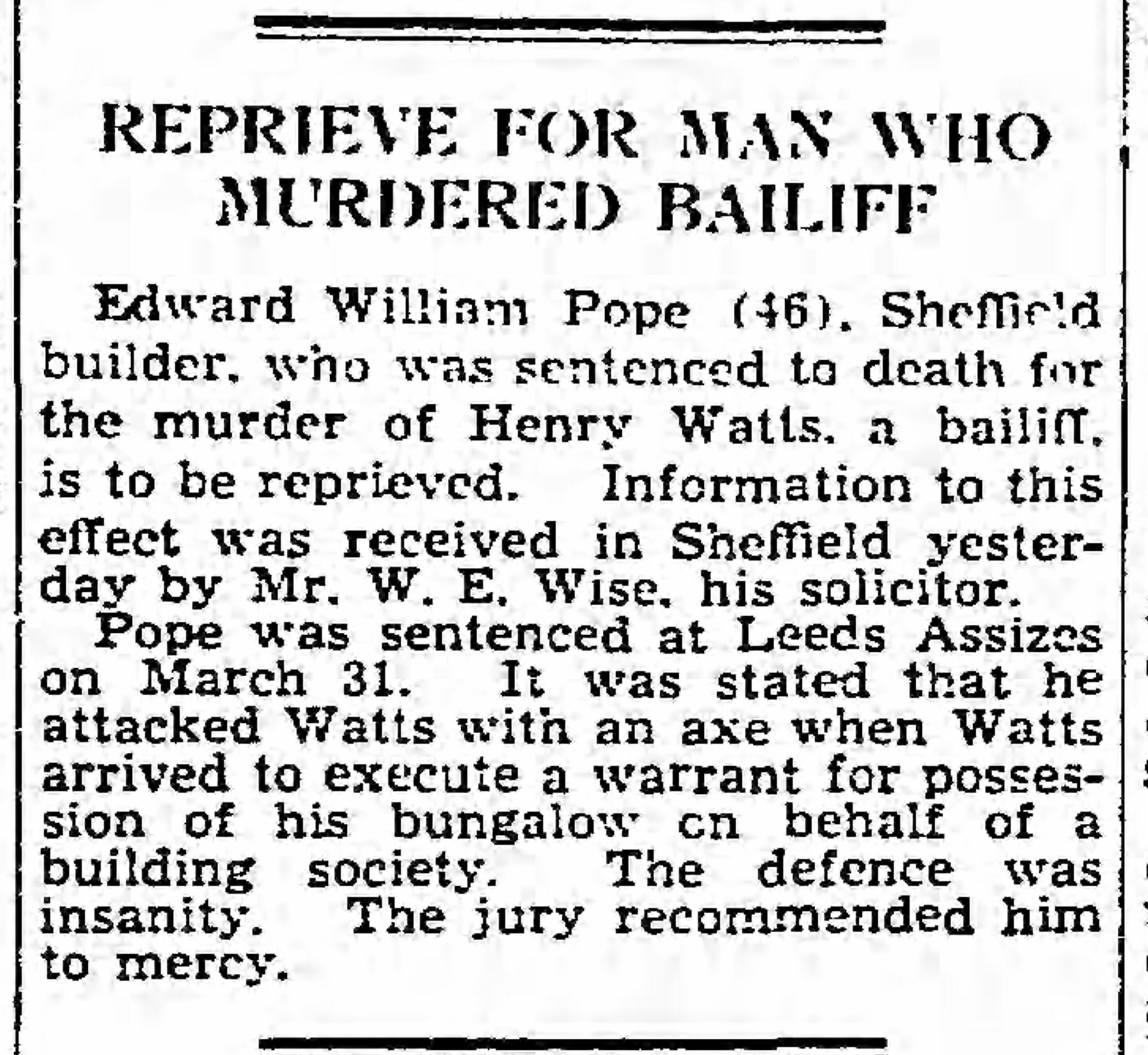 EDWARD POPE - THE MURDER OF HENRY WATTS GREENHILL, SHEFFIELD 7th ...